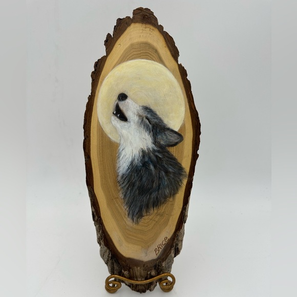Art | Wolf Pup Howling Painting On Real Wood Slice Signed Brice With ...